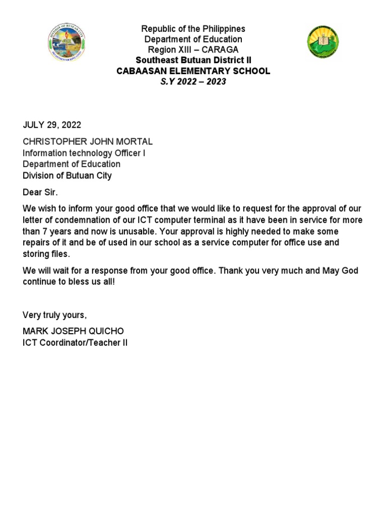 Request for Approval of Letter of Condemnation of Aged Computer ...