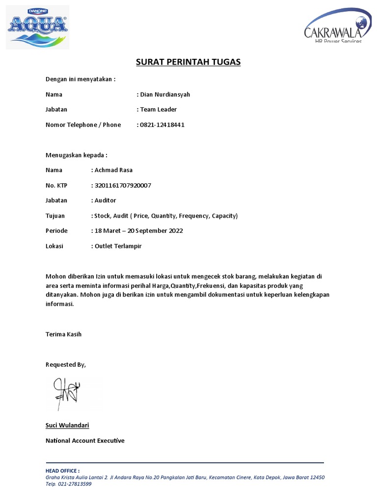 SURAT TUGAS DANONE (Ahmad) | PDF