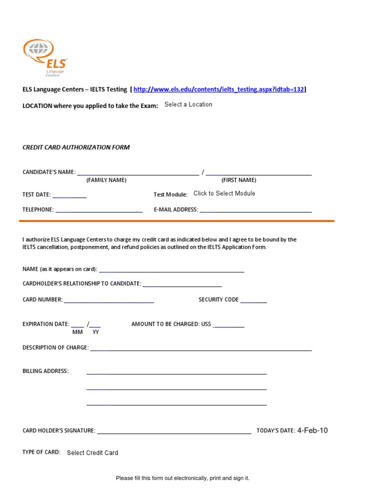 IELTS Credit Card Authorization Form | PDF