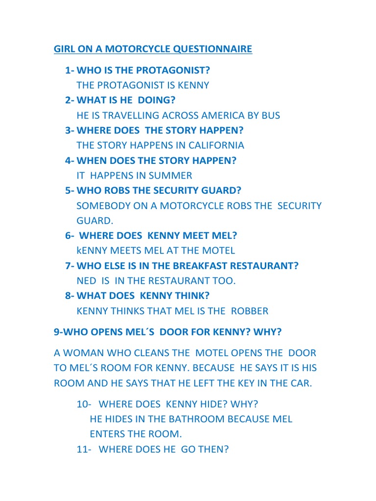 Girl On A Motorcycle Questionnaire | PDF | Travel