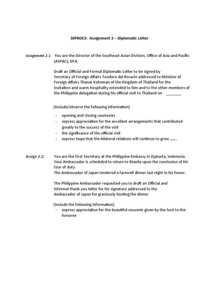 Diprocs - Assignment 2 - Diplomatic Letter by Deles | PDF | Ambassador | Peace