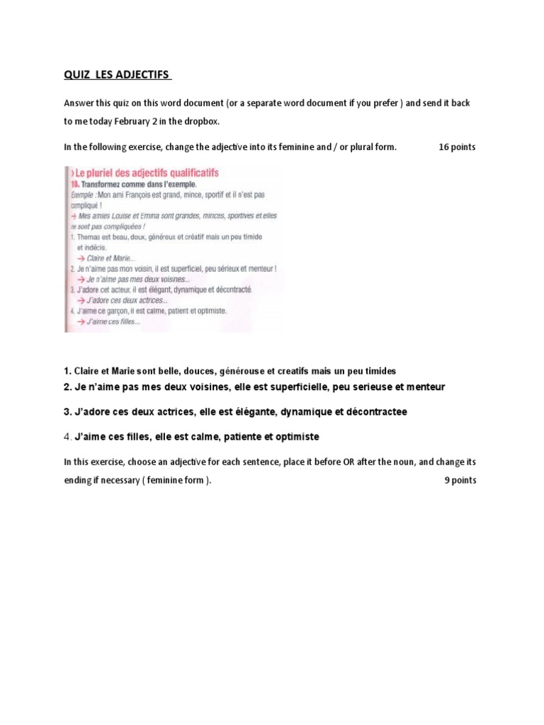 Quiz sur les Adjectifs en Français | PDF