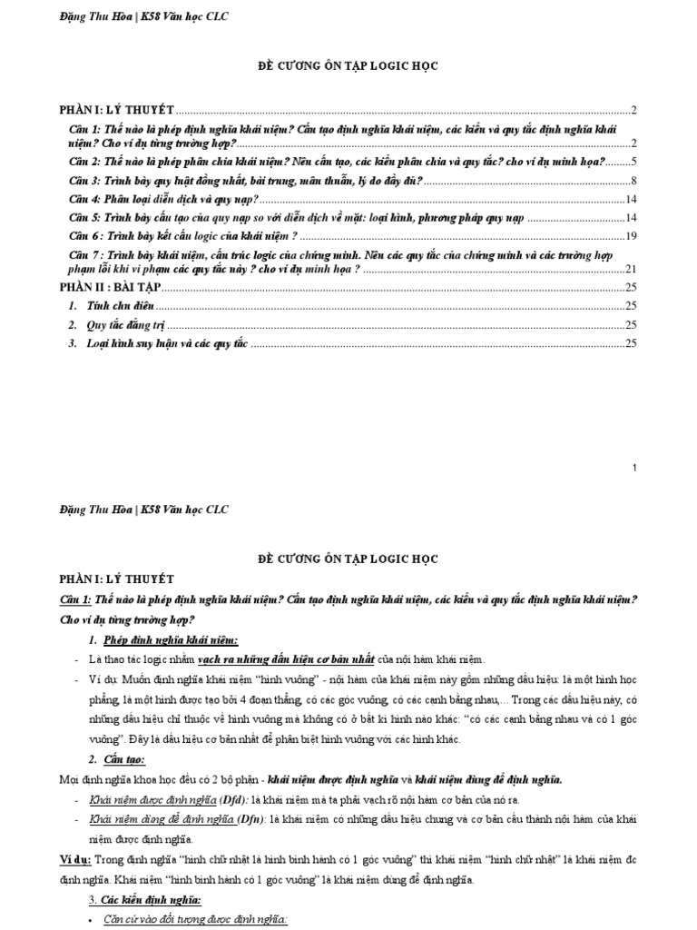 Đề cương lý thuyết Logic học đại cương - Đặng Thu Hòa - USSH | PDF