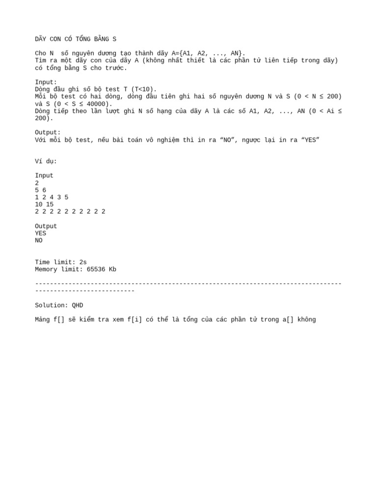 Dãy Con Có Tổng Bằng s (Qhd) | PDF