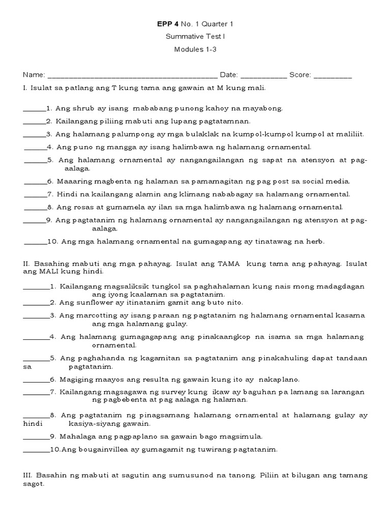 Grade 4 Summative Test in EPP Modules 1-3 | PDF
