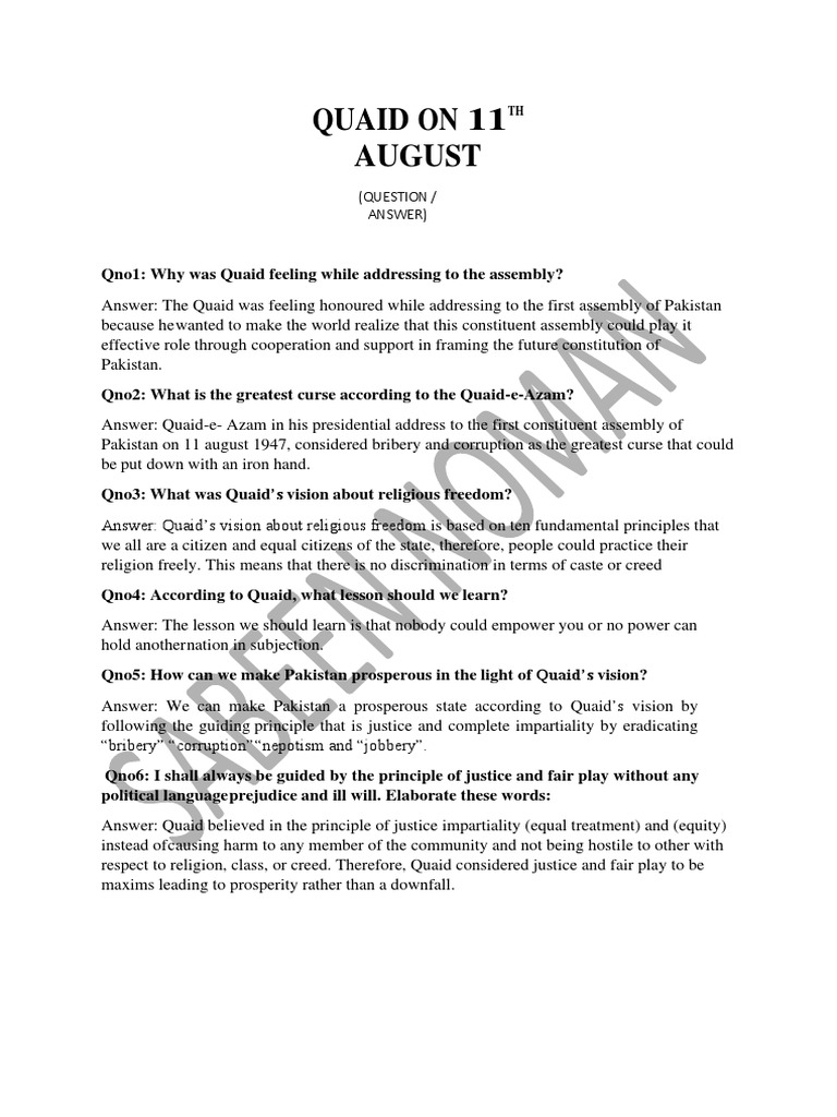 Quaid On 11 August: (Question / Answer) | PDF