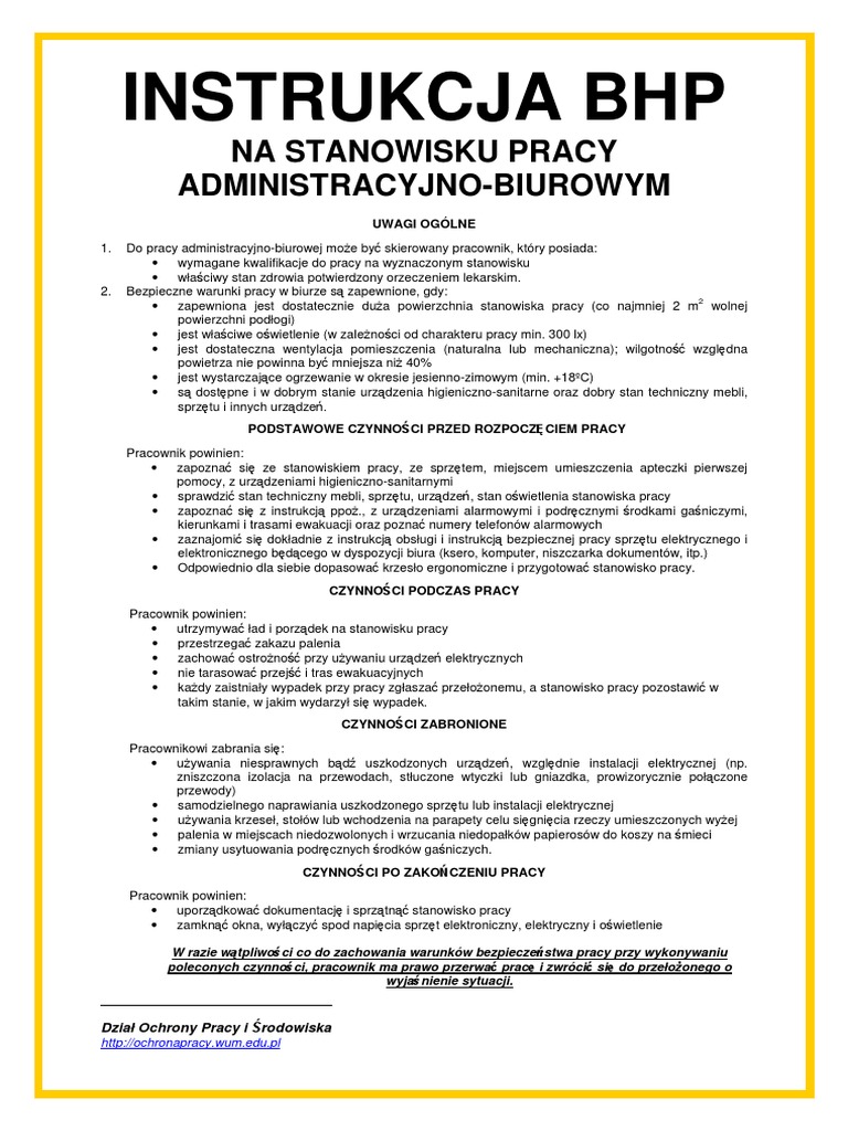 Instrukcja BHP Na Stanowisku Administracyjno-Biurowym | PDF