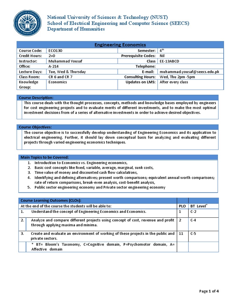 (Course Outline) Engineering Economics 2+0 | PDF | Engineering | Interest