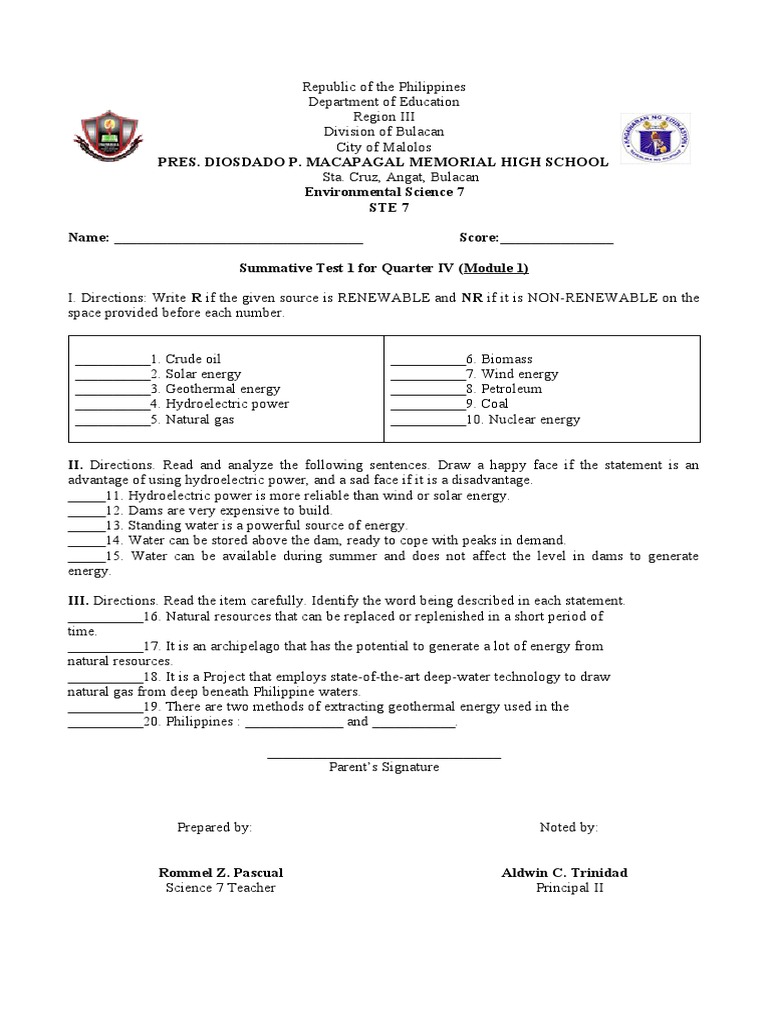 Environmental Science 7: Quarter IV Tests | PDF | Energy Development ...