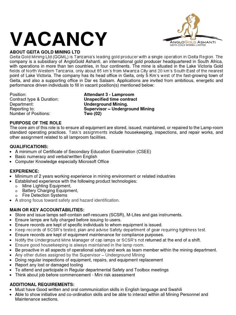 Attendant 3 Lamproom - Job Advert December 2021 | PDF | Safety