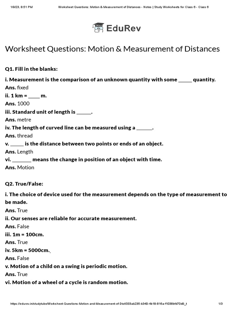 Worksheet Questions - Motion & Measurement of Distances - Notes - Study ...