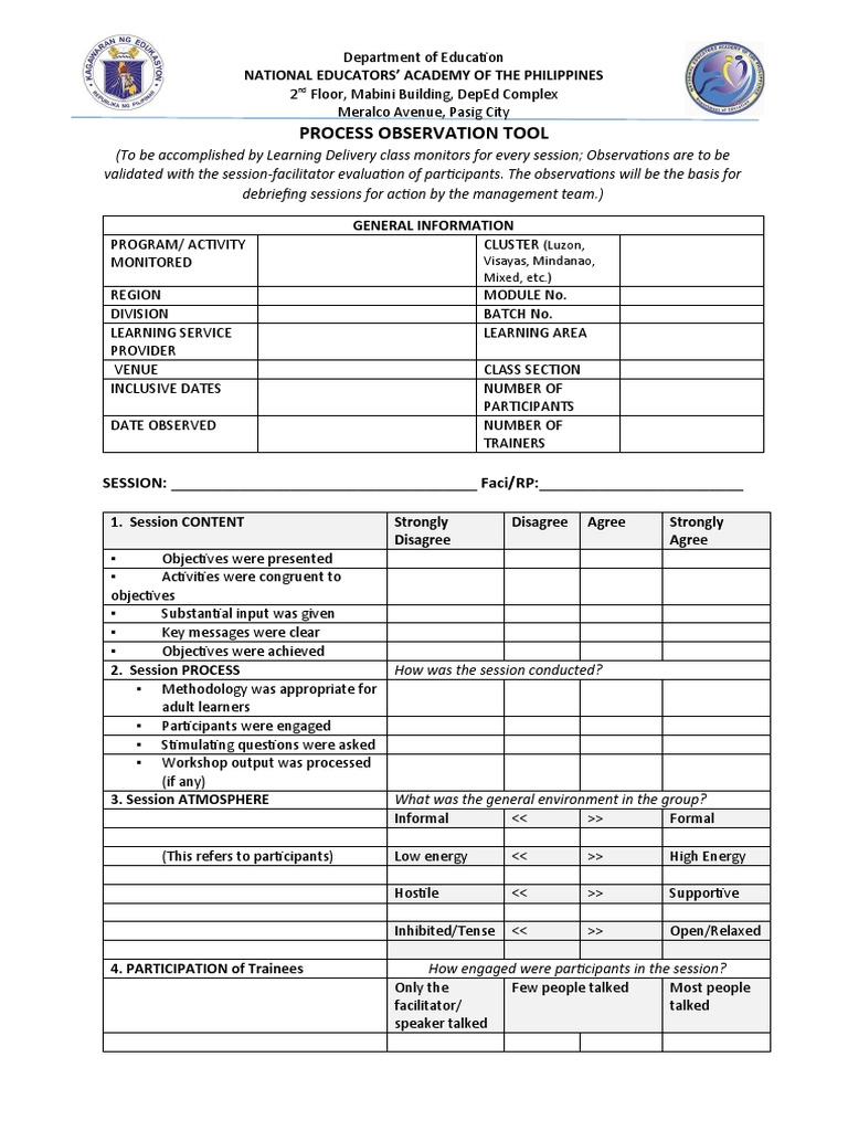 Process Observation Tool for DepEd Sessions | PDF | Learning | Cognition