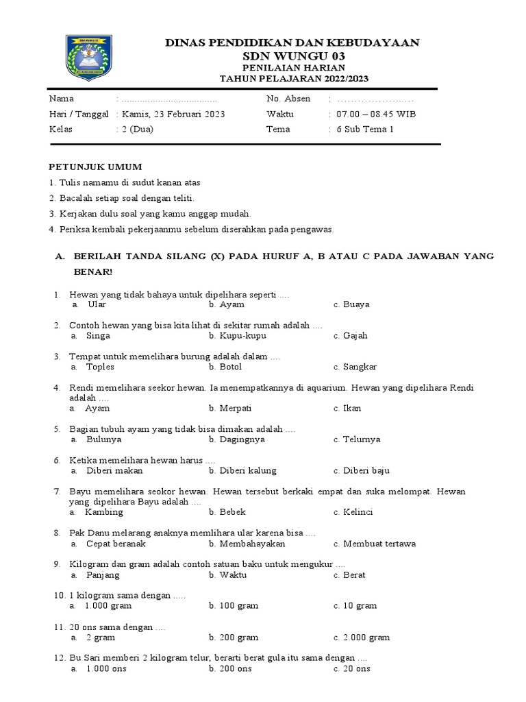 Soal Tematik Kelas 2 SD Tema 6 Subtema 1 Hewan Di Sekitarku Dan Kunci Jawaban | PDF