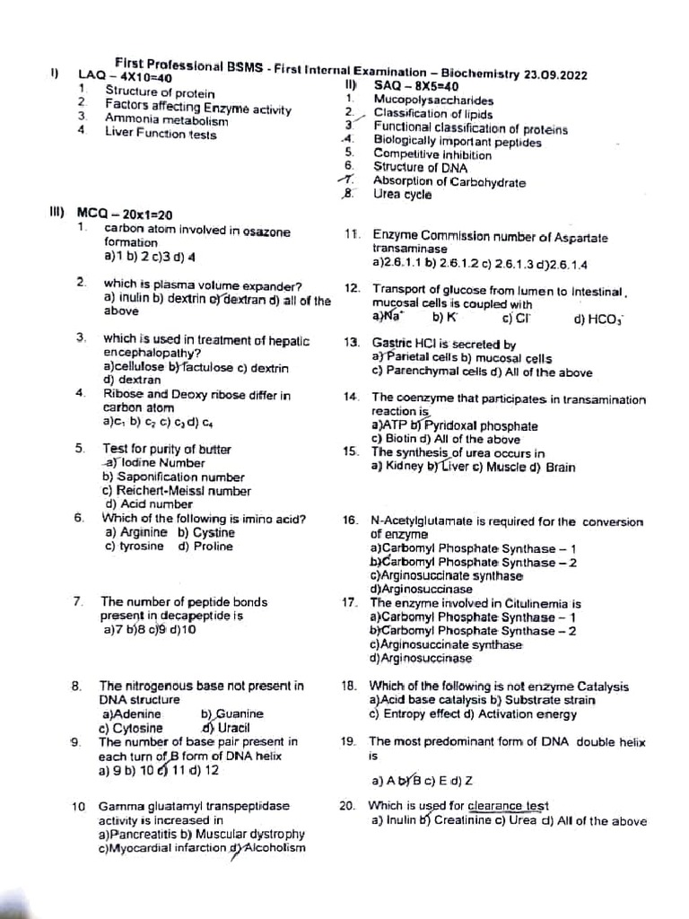 Biochem 1 Internal Exam QN Paper | PDF | Biochemistry | Chemistry