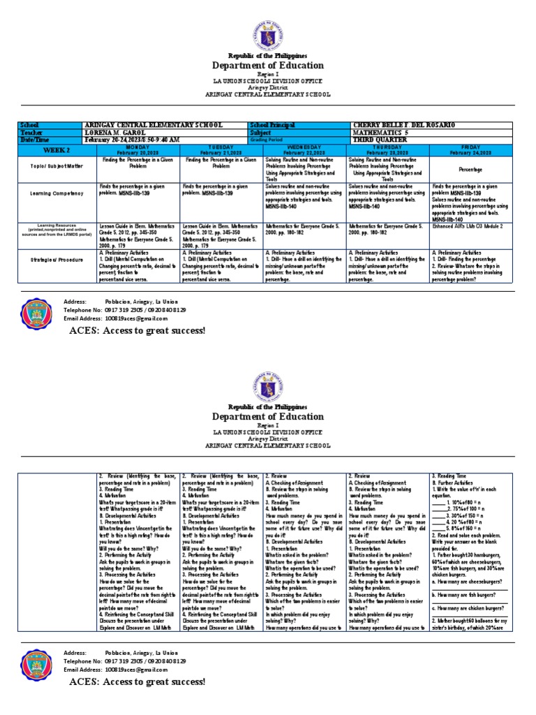 MATHEMATICS-5 DLL Q3 Week-2 | Download Free PDF | Percentage | Learning