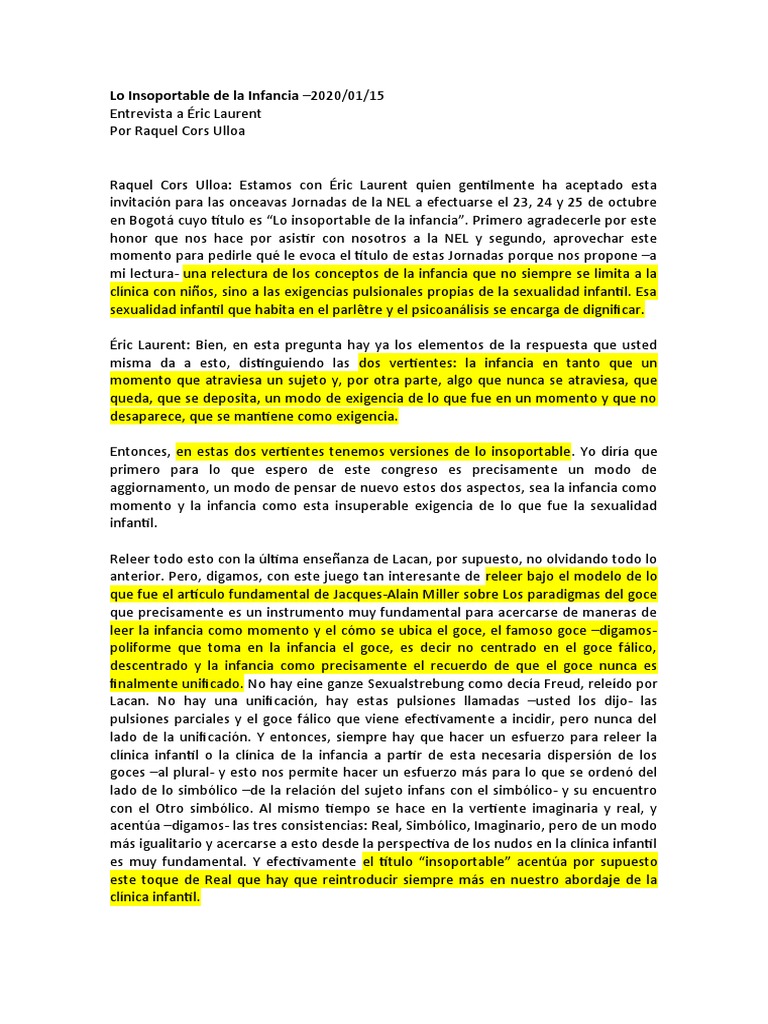 Lo Insoportable de La Infancia. Eric Laurent | PDF | Jacques Lacan ...