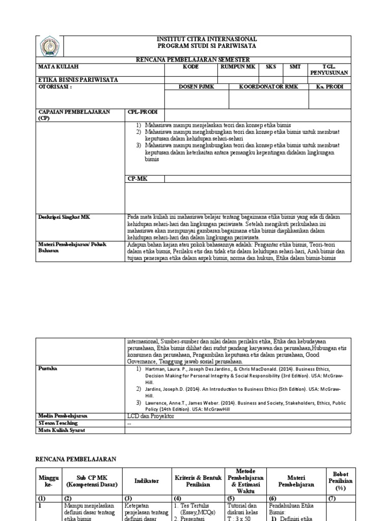 RPS - Etika Bisnis Pariwisata | PDF