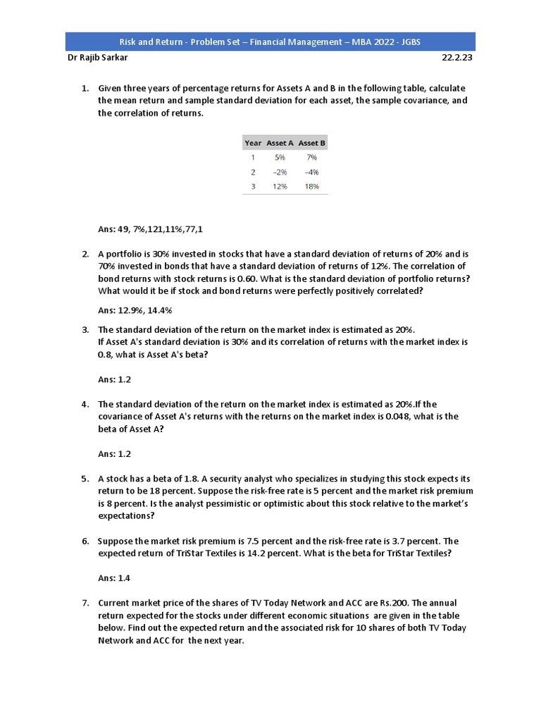 Calculating Risk and Expected Return: Solutions to a Problem Set on Financial Concepts Including ...