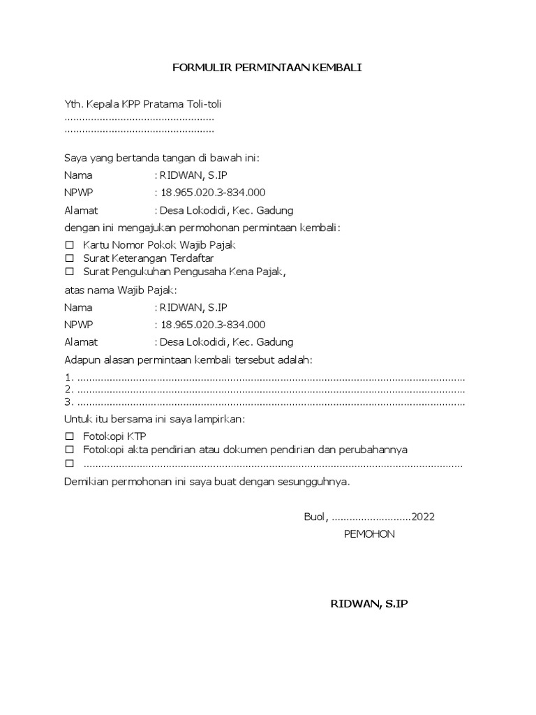 Formulir Permintaan Kembali Cetak Ulang NPWP | PDF