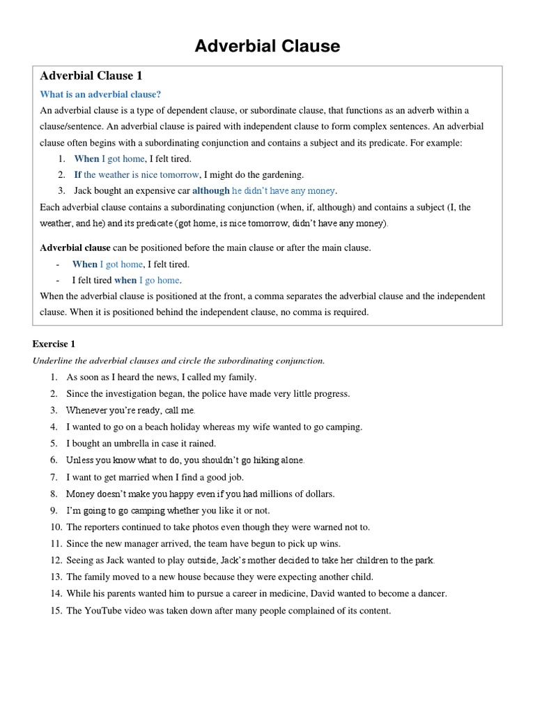 Adverbial Clause Exercise | PDF | Clause | Syntax Adverbial Clause Exercise | PDF | Clause | Syntax