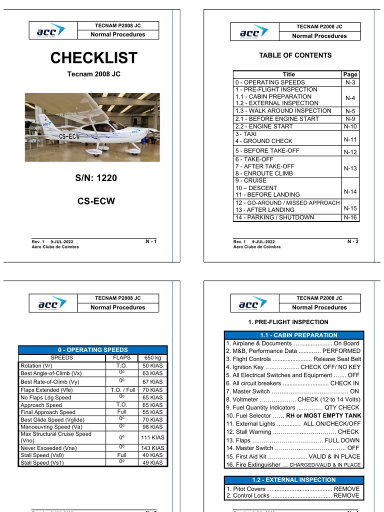 Tecnam P2008JC Checklist ACC | PDF | Carburetor | Throttle