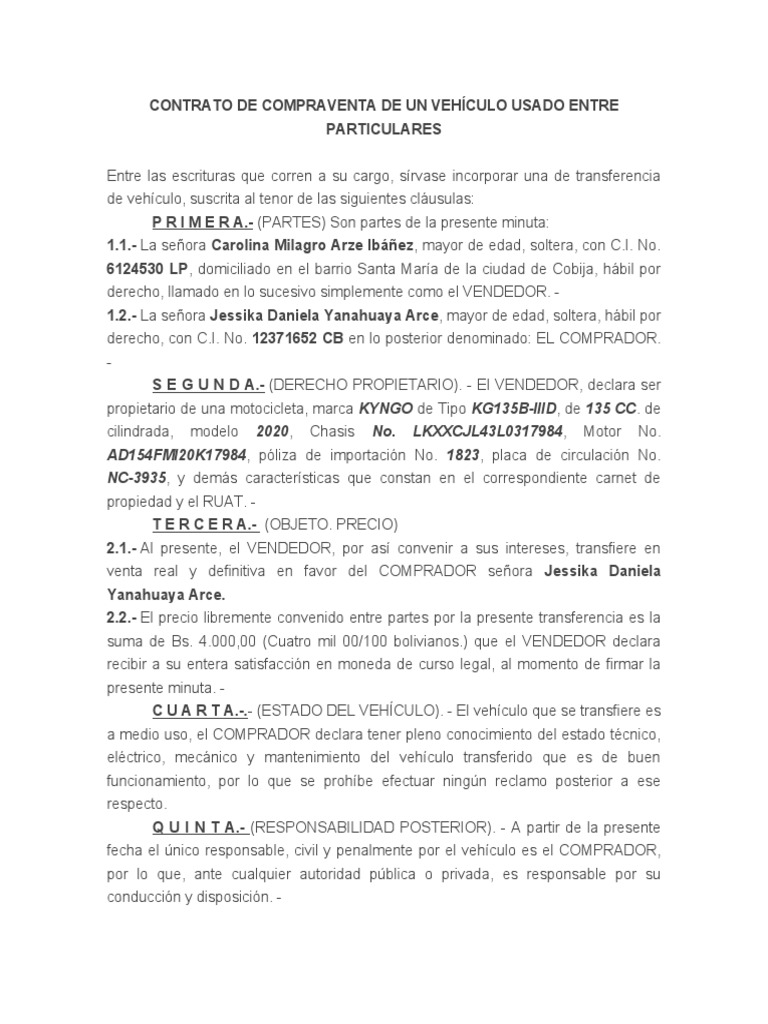 Contrato de Compraventa de Un Vehículo Usado Entre Particulares | PDF ...