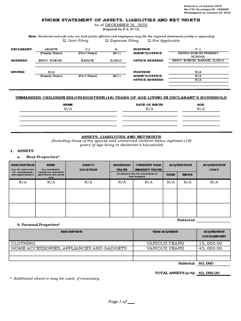 Saln | PDF | Net Worth | Government