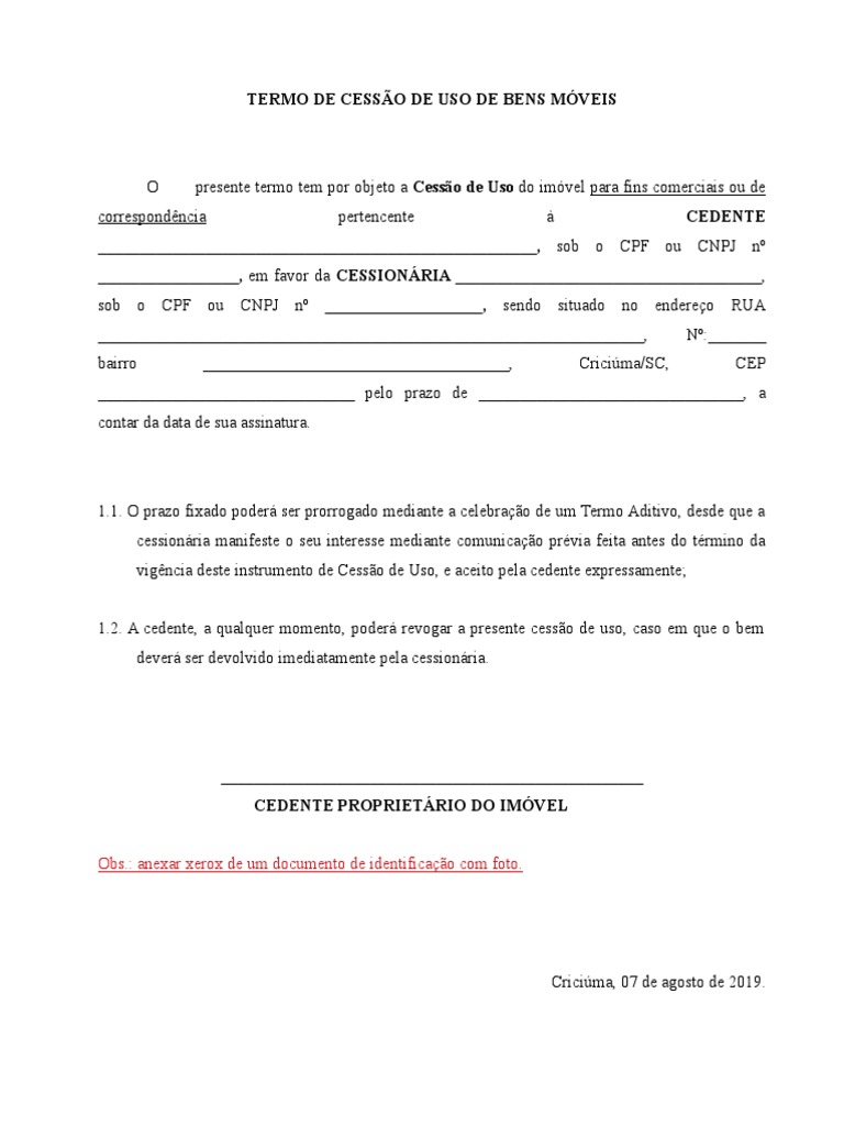 Termo De Cessão De Uso De Imóvel Pdf