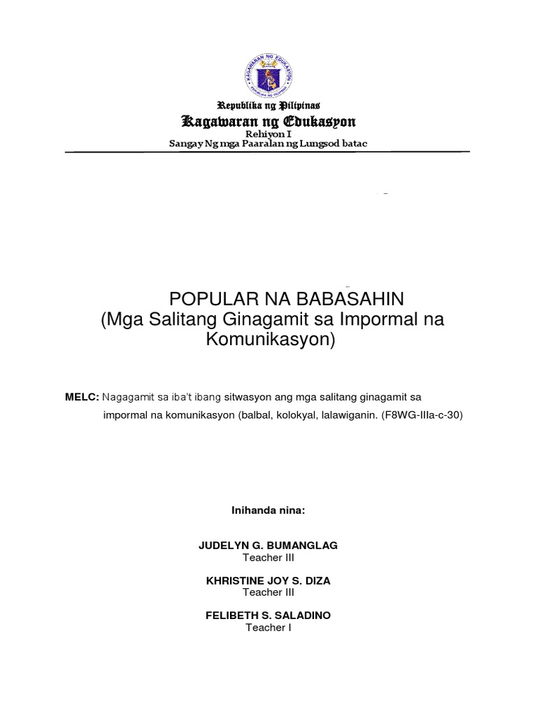 SDCB Fil8 q3 Las2 Week2 Popular Na Babasahin (Impormal Na Komunikasyon ...