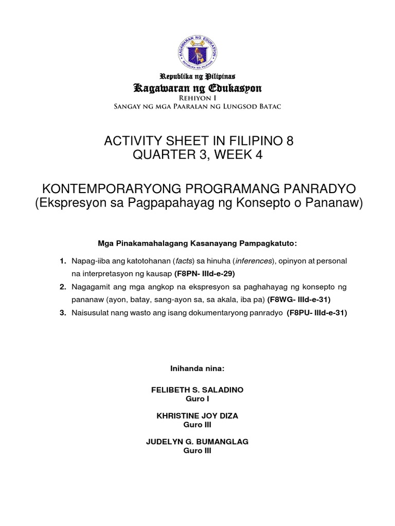 SDCB - Fil8 - q3 - Las3 - Week4 - Programang Panradyo (Ekspresyon Sa ...