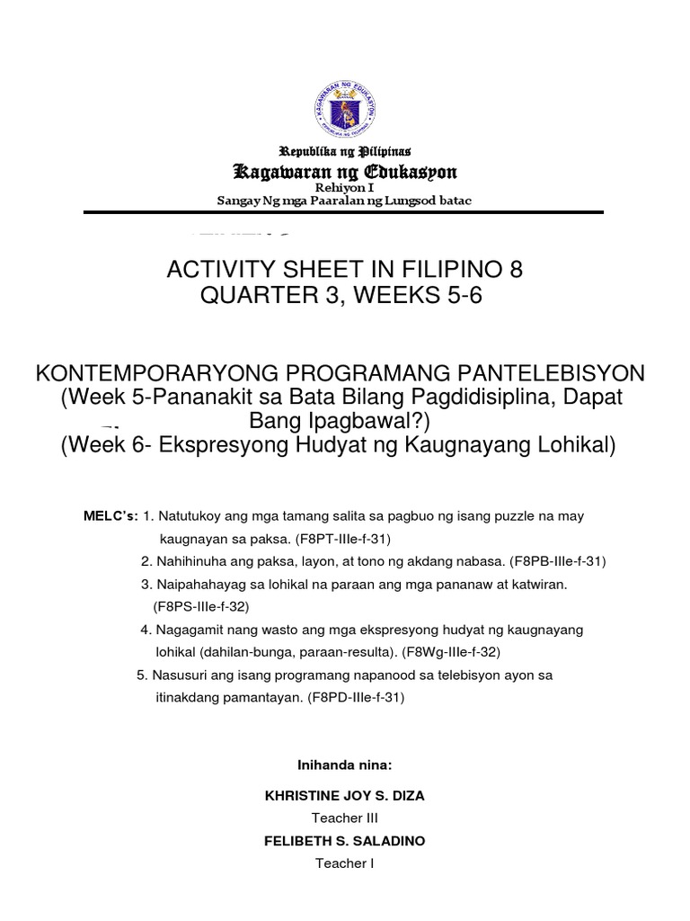 Activity Sheet in Filipino 8 Quarter 3, Weeks 5-6 | PDF