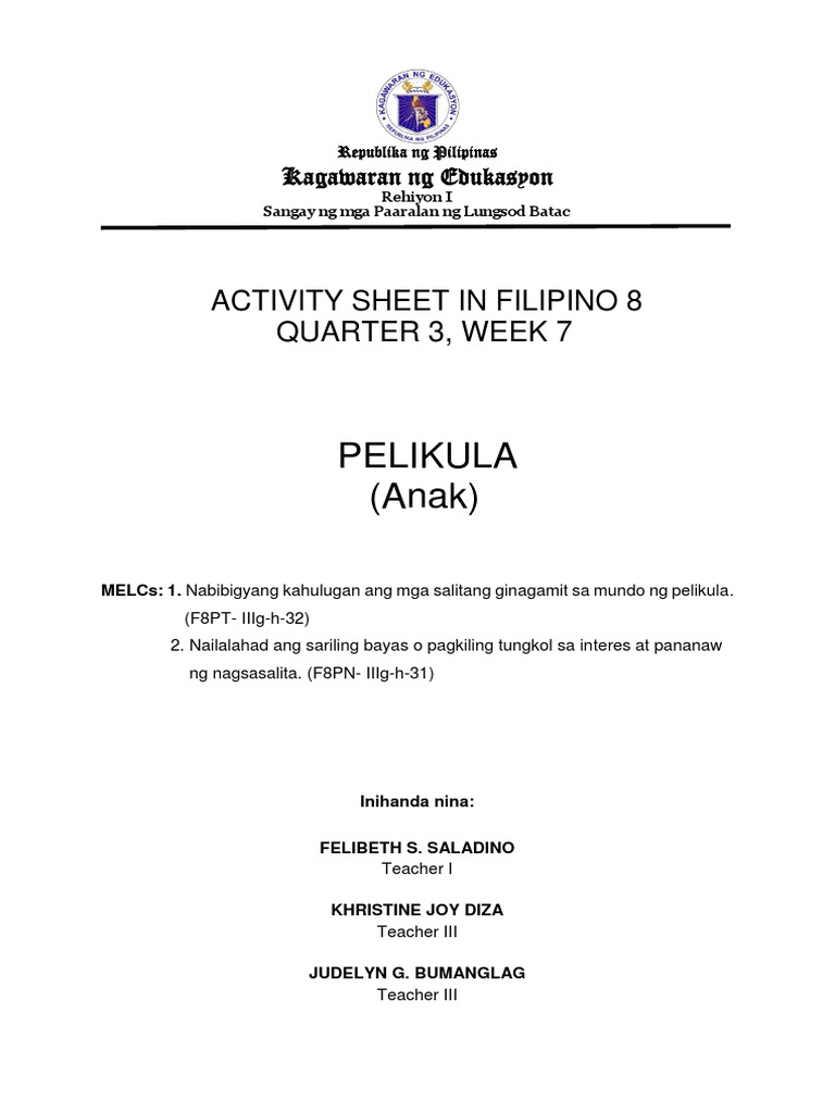 SDCB - Fil8 - Q3 - Las6 - Week7 - Pelikula (Anak) | PDF