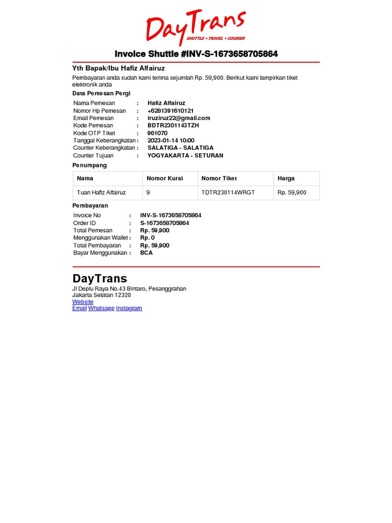 Daytrans: Invoice Shuttle #Inv-S-1673658705864 | PDF