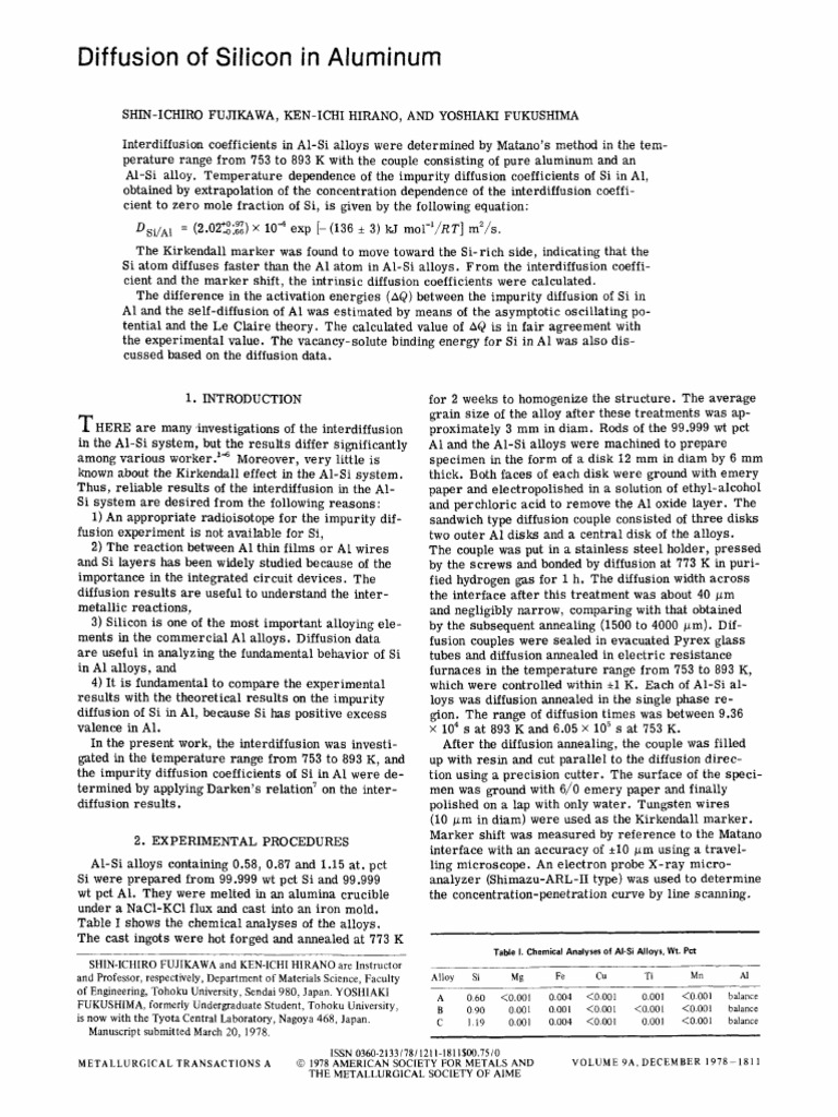 Fujikawa Et Al - 1978 - Diffusion of Silicon in Aluminum | PDF ...