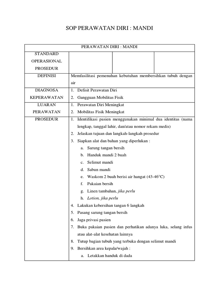 SOP Mandi untuk Perawatan Diri Pasien | PDF | Kesehatan Holistik