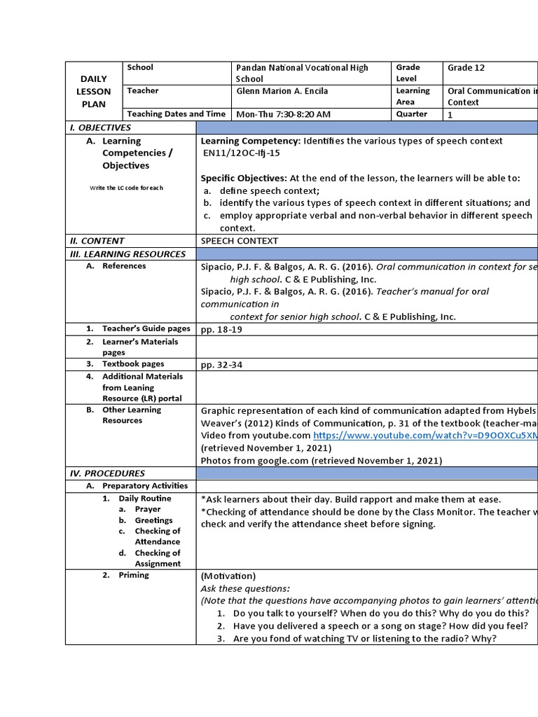 DAILY LESSON PLAN Oral Com Speech Context Q1 | PDF | Communication ...
