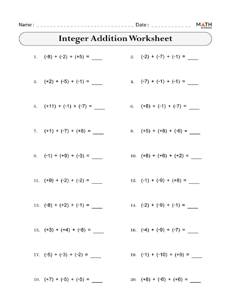 Integers Worksheets Grade 7 | PDF