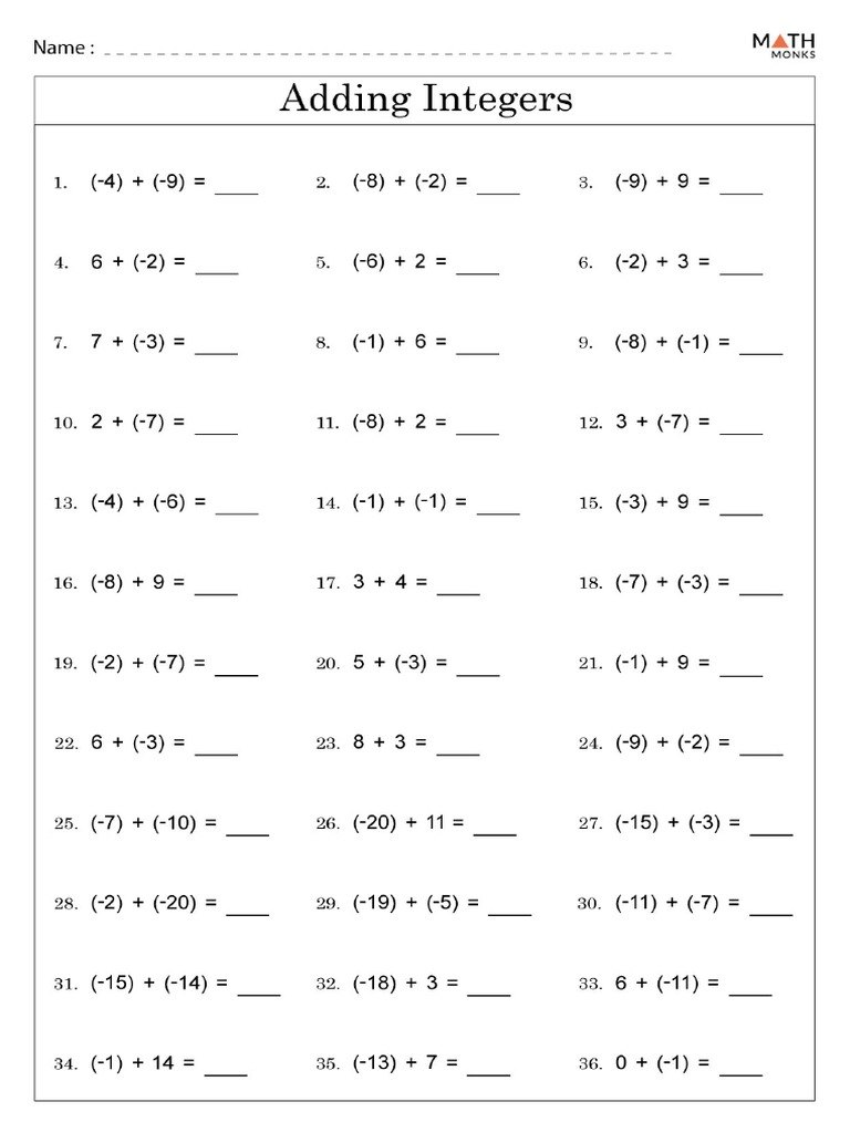 7th Grade Integers Worksheet | PDF