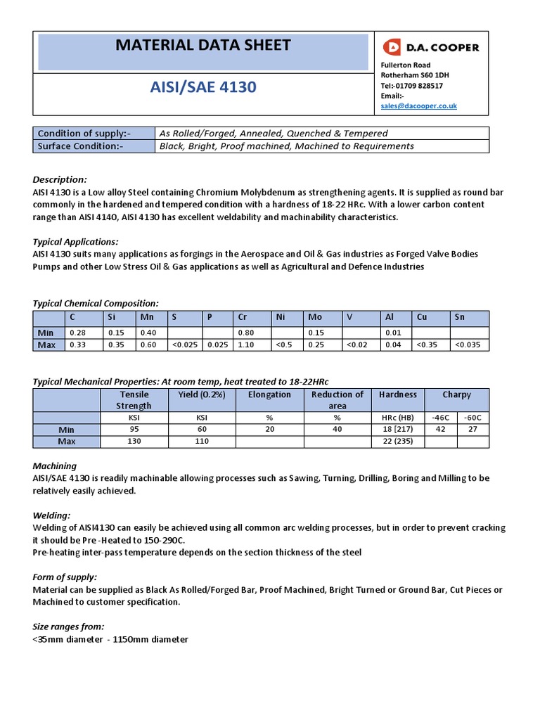 AISI SAE 4130 Product Datasheet D.A.Cooper Sons | PDF | Steel | Forging