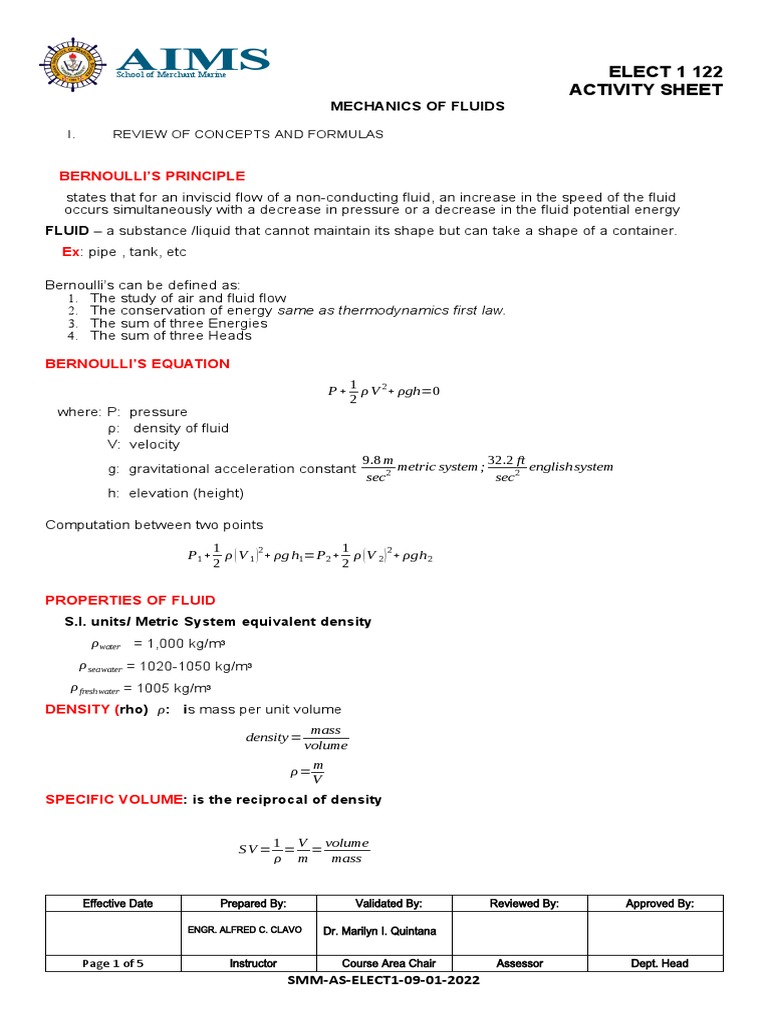 newELECT1 122 Activity Sheet MECHANICS OF FLUID | PDF | Pressure | Density