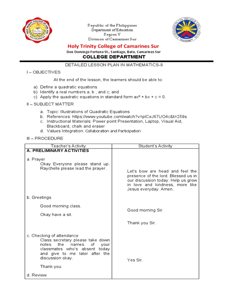 Quadratic Equation Lesson Plan | PDF | Equations | Cognition