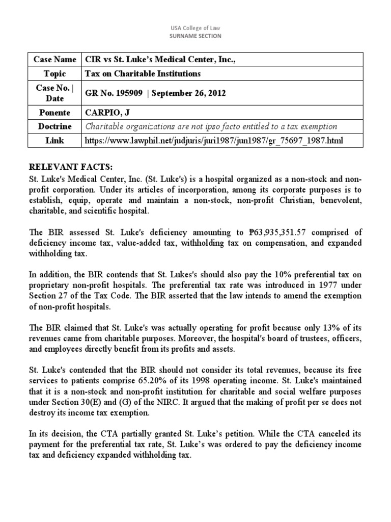 CIR Vs St. Luke's Medical Center, Inc. | PDF | Charitable Organization | Nonprofit Organization