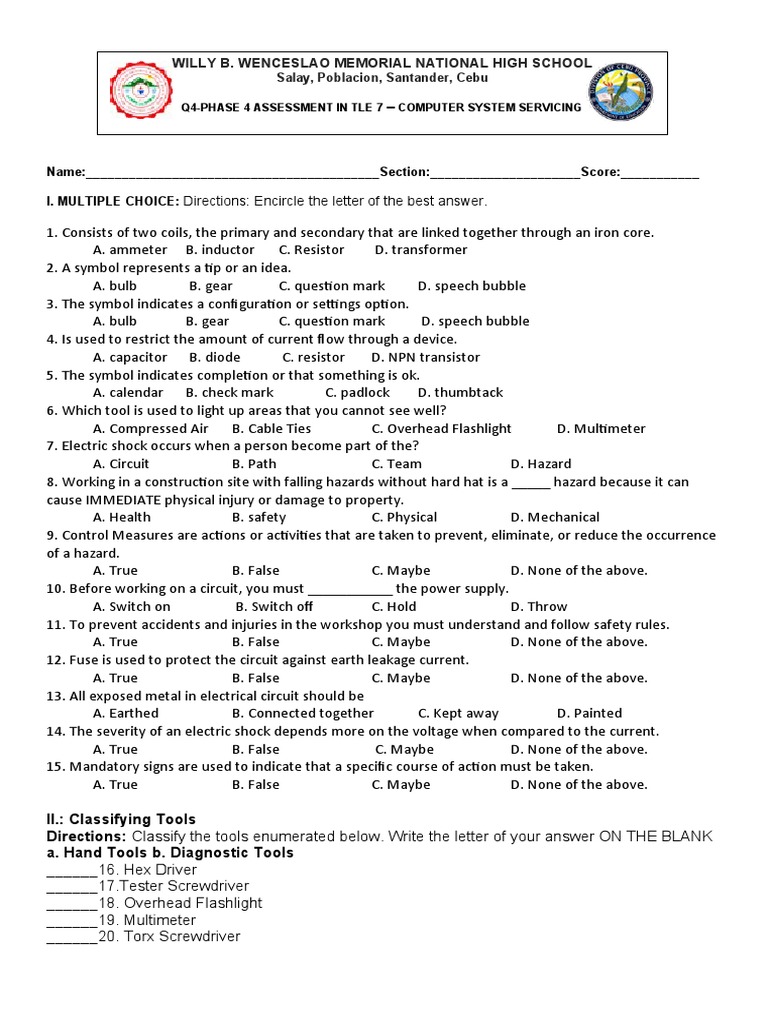 TLE 7 Computer System Servicing Quiz | PDF | Inductor | Electric Power
