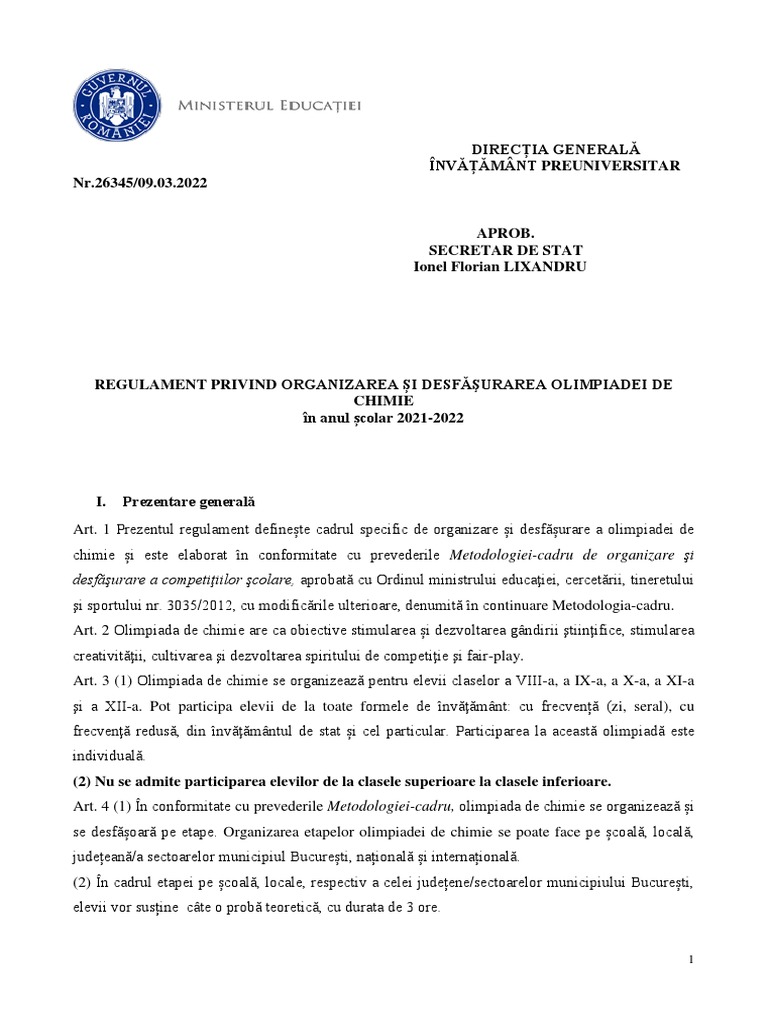 Regulament Specific Olimpiada Chimie 2022 | PDF