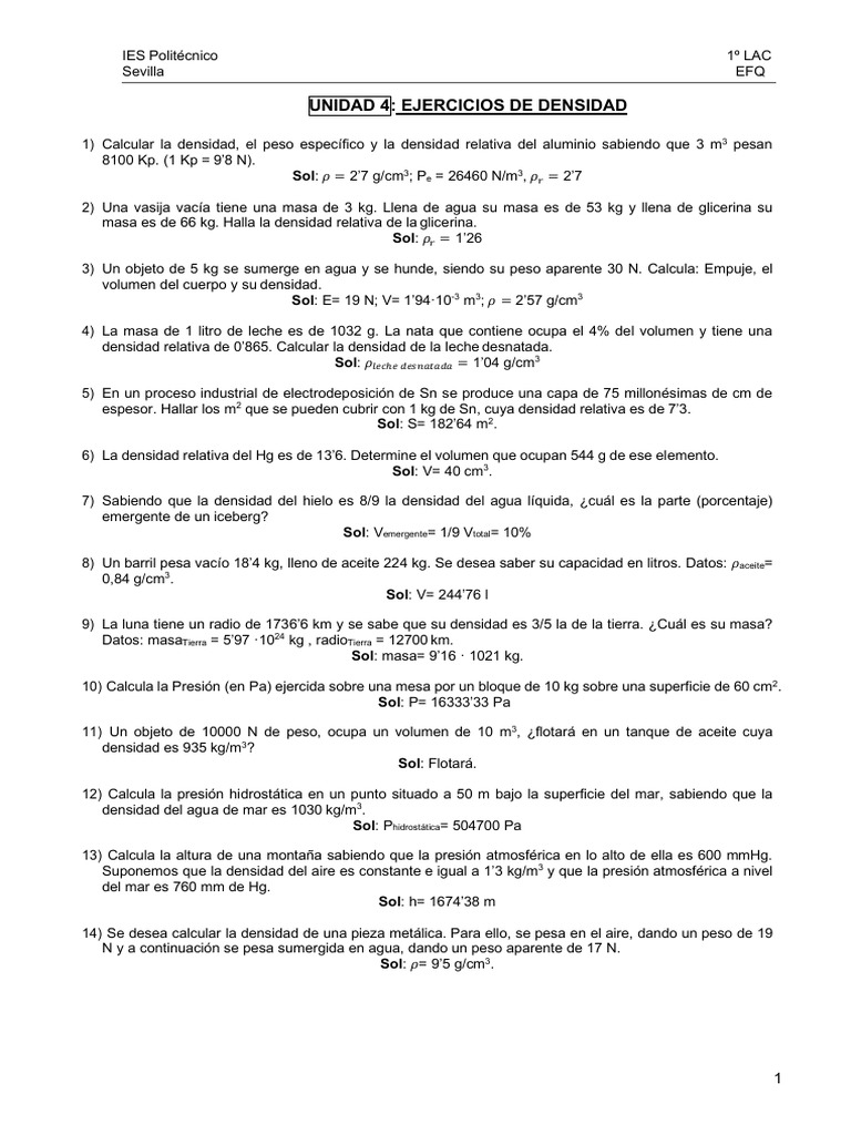 Ejercicios DENSIDAD | PDF | Densidad | Pascal (Unidad)