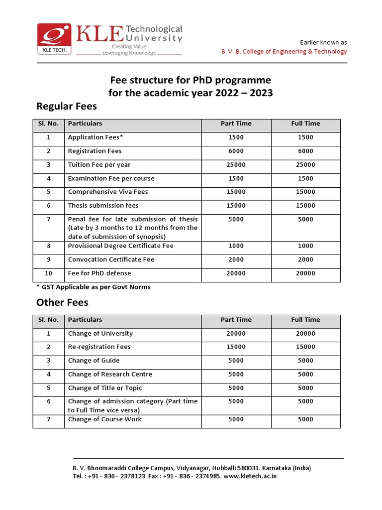 PhD Fees Structure at BVB College | PDF