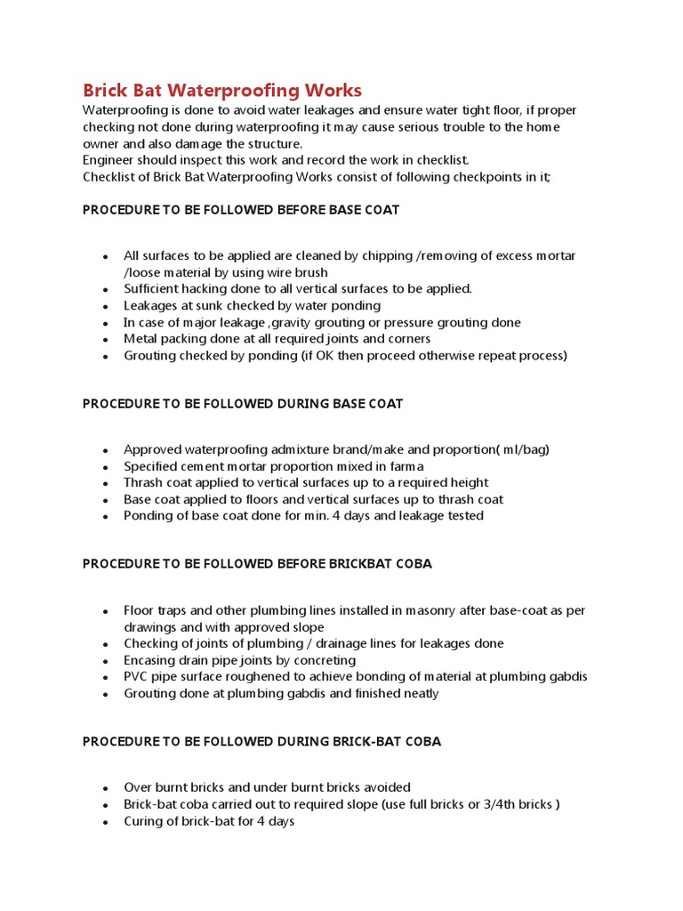 Brick Bat Waterproofing Checklist | PDF