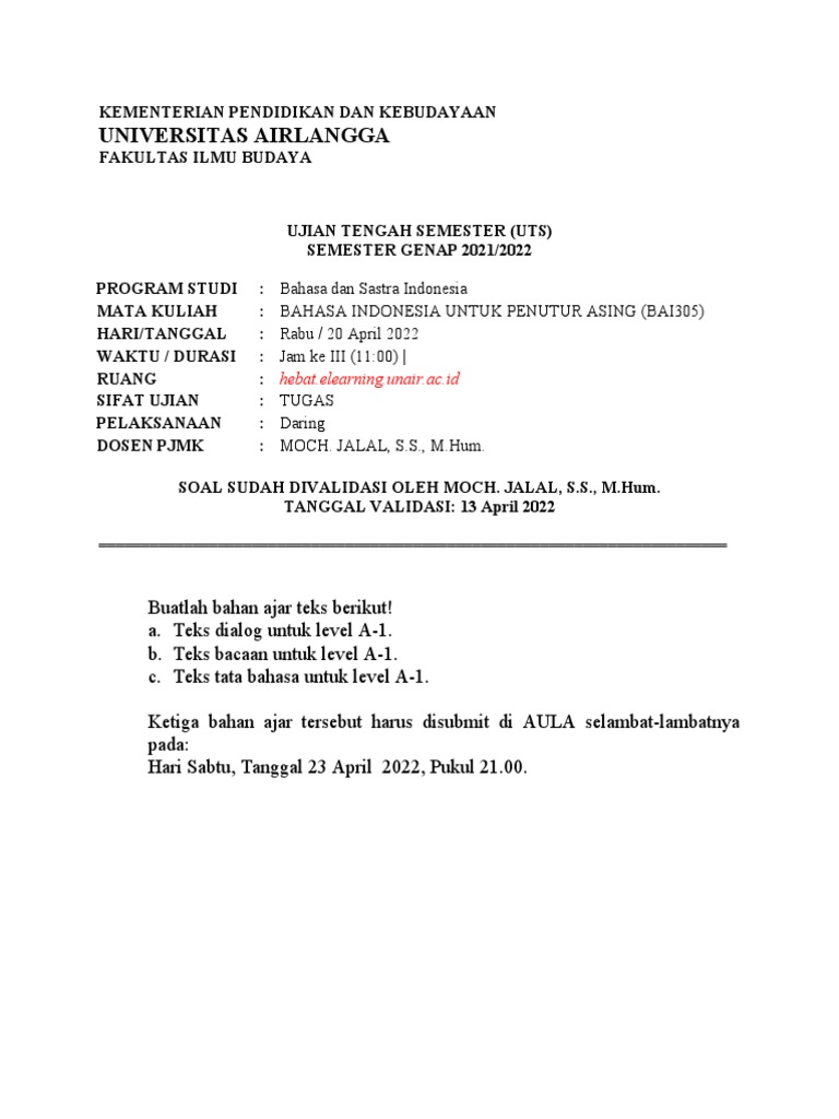 Uts Bipa Genap Daring | PDF | Kajian Bahasa Asing
