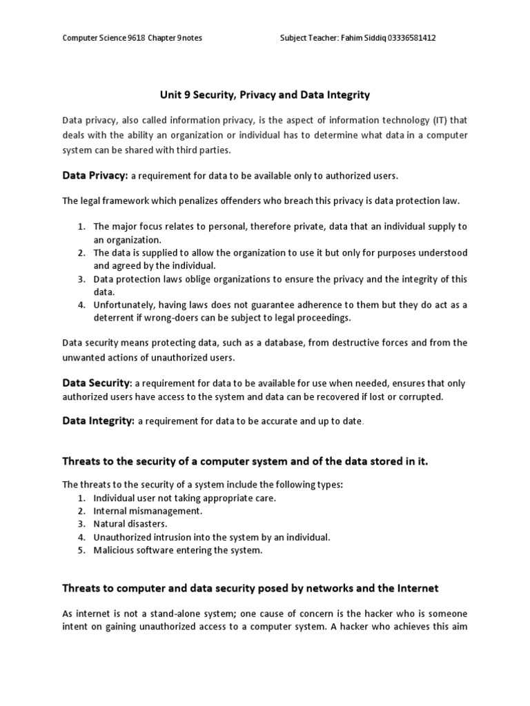 Unit 9 Secuity Privacy and Data Integrity | PDF | Key (Cryptography) | Public Key Cryptography