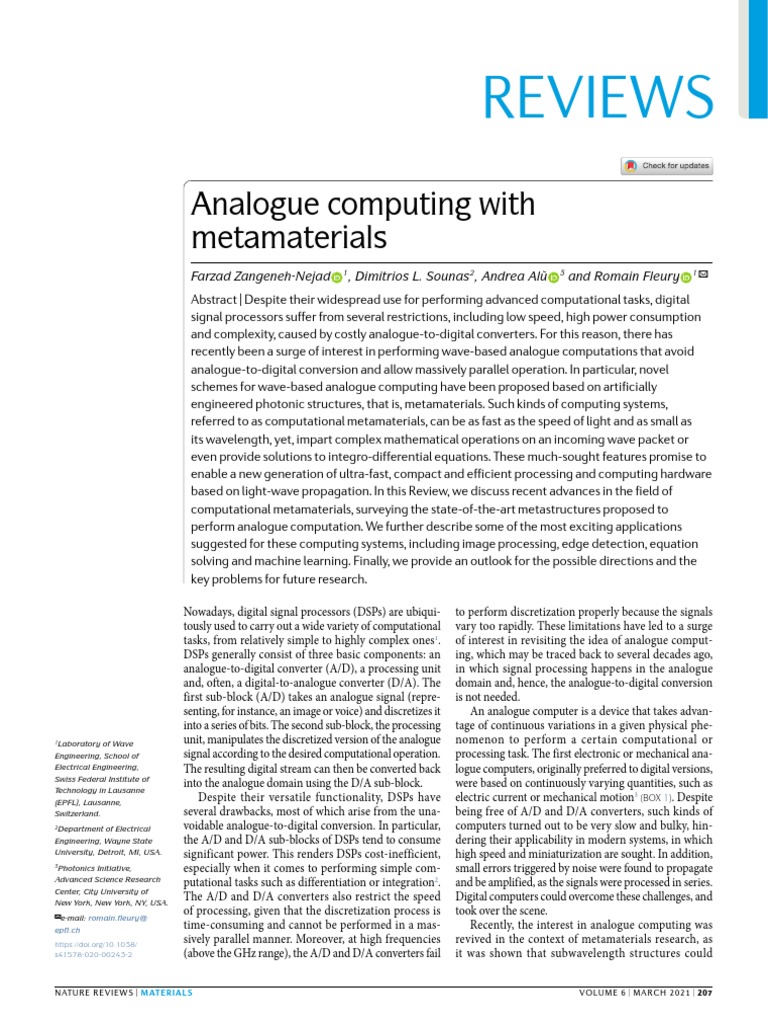 Reviews: Analogue Computing With Metamaterials | PDF | Optics | Electronics